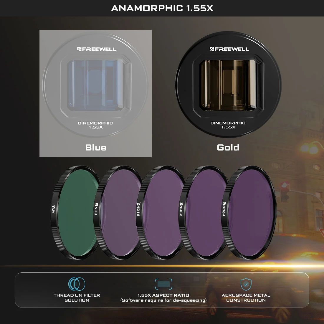 Freewell Sherpa Series 5-Pack1.55X Gold Anamorphic Lens (UV ND8 ND16 N